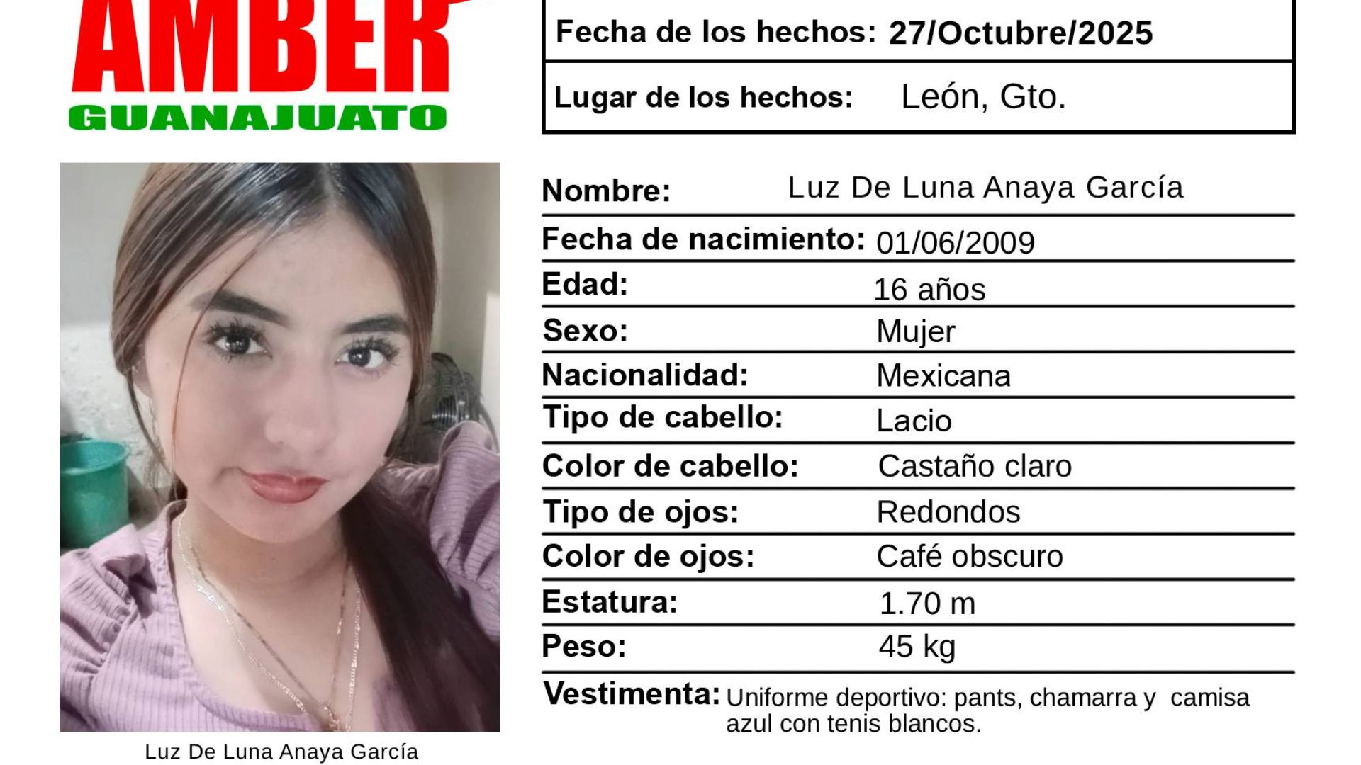 Luz de Luna Anaya García, Alerta Amber, León, Guanajuato 28 de octubre ...