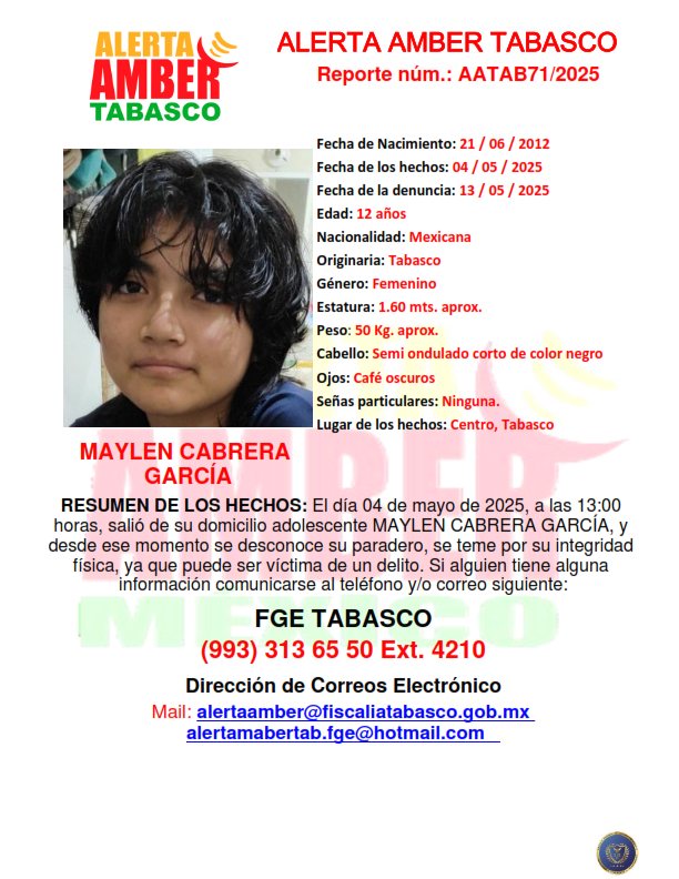 Alerta Amber Tabasco: Maylen Cabrera García desapareció en Centro