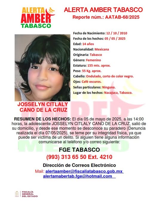 Josselyn Citlaly tiene 14 años y desapareció en Nacajuca, Tabasco