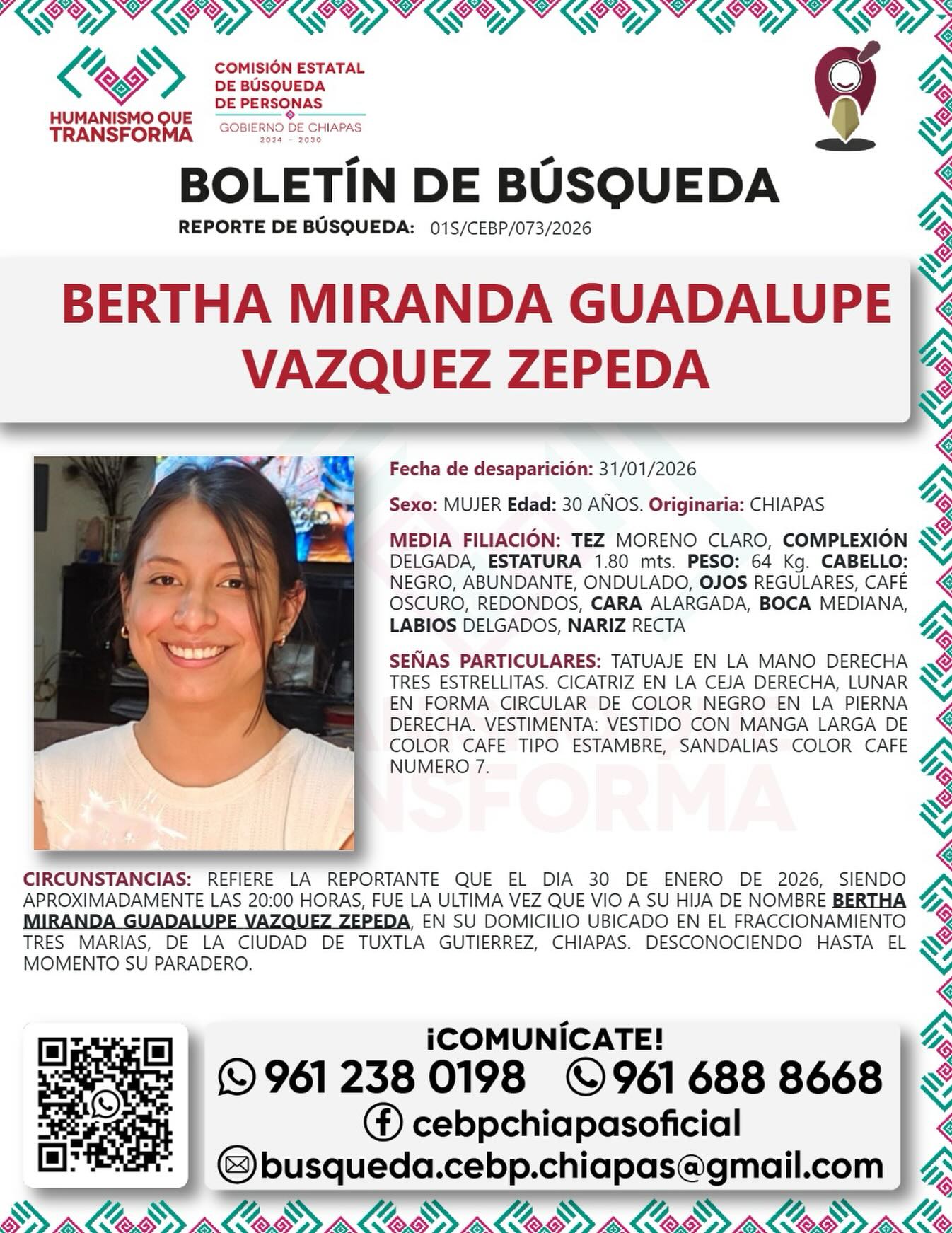 Bertha Miranda Guadalupe Vázquez Zepeda desaparecida en Tuxtla Gutiérrez