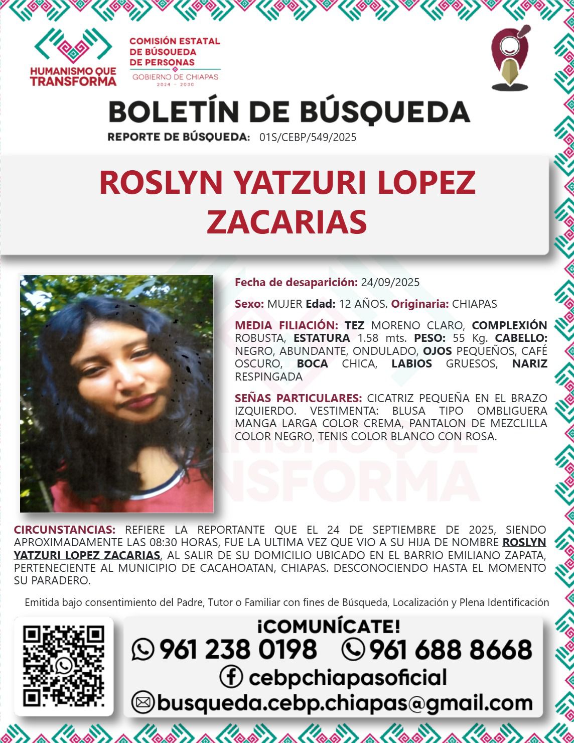 Roslyn Yatzuri tiene 12 años y desapareció en Cacahoatán, Chiapas