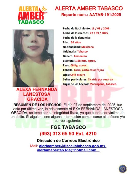 Alerta Amber Tabasco: Alexa Fernanda tiene 16 años y fue vista por ...