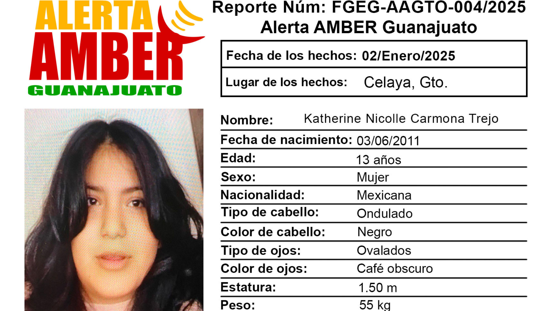 Activación de la Alerta Amber Guanajuato de la adolescente Katherine ...