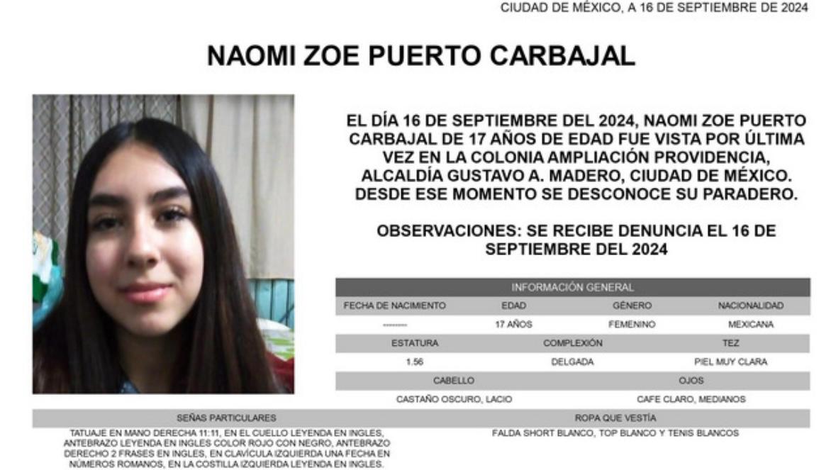 ALERTA AMBER: Naomi Zoe Puerto Carbajal, de 17 años, desapareció en la ...