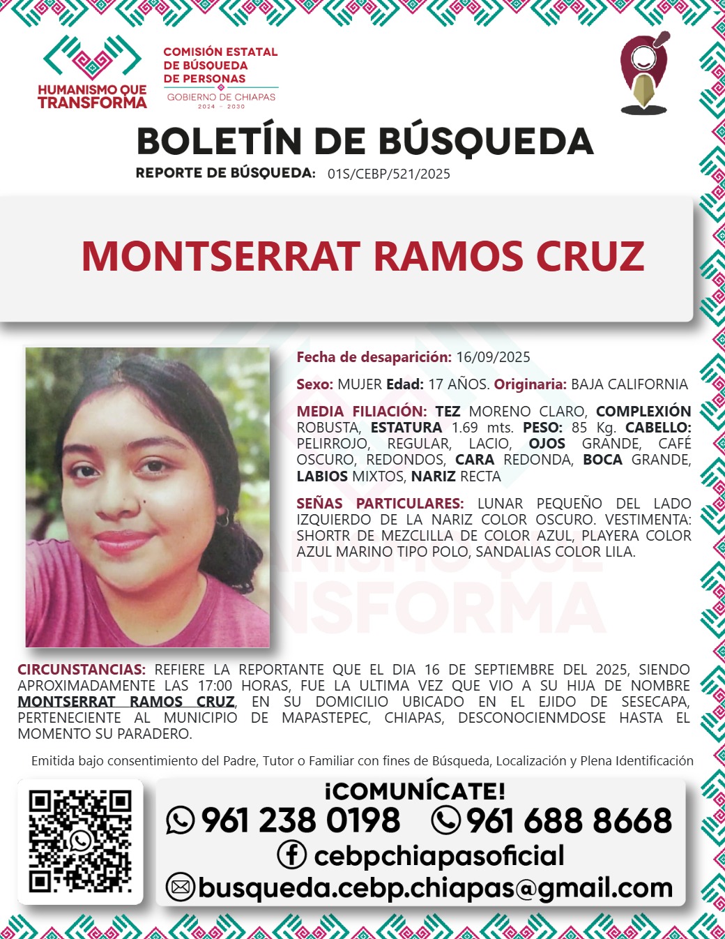ALERTA AMBER Chiapas: Montserrat Ramos Cruz desapareció en Mapastepec