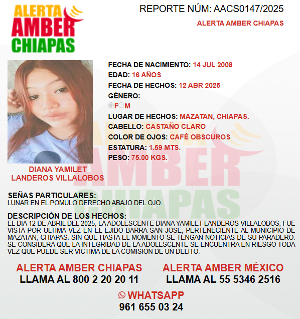 ALERTA AMBER CHIAPAS: Diana Yamilet Landeros Villalobos desapareció en ...