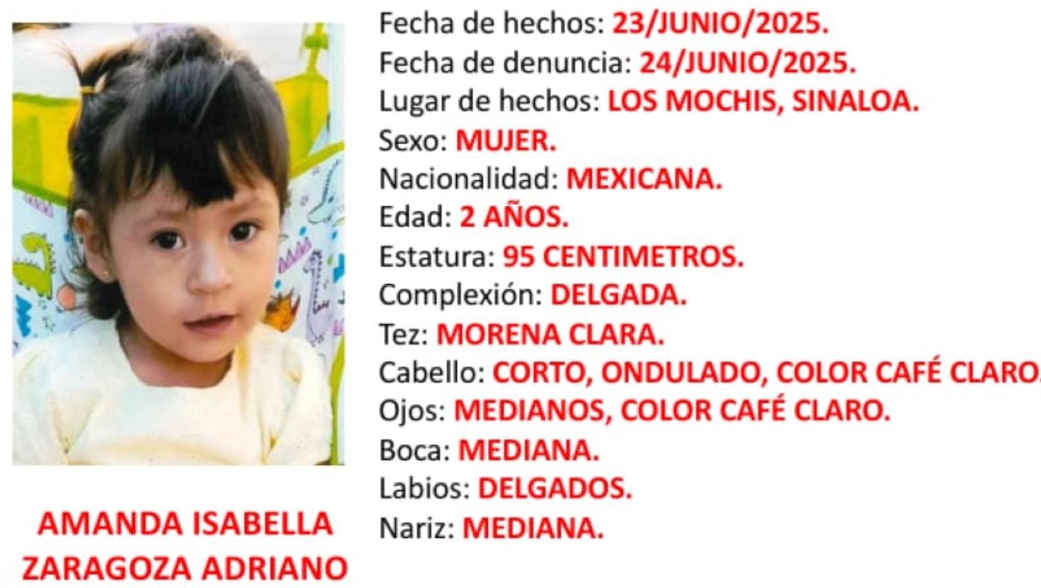 Buscan a Amanda Isabel, menor de 2 años desaparecida en Los Mochis