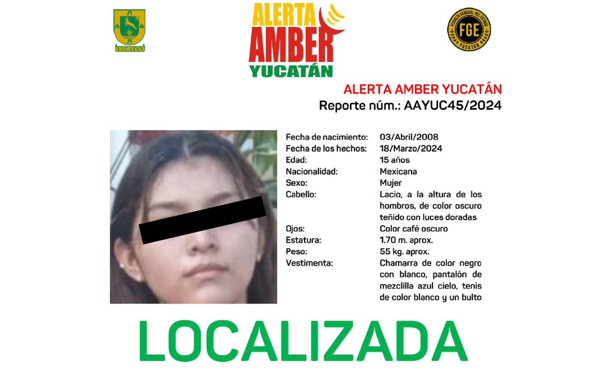 Desactiva Alerta Amber tras hallar a menor de 15 años desaparecida en Yucatán
