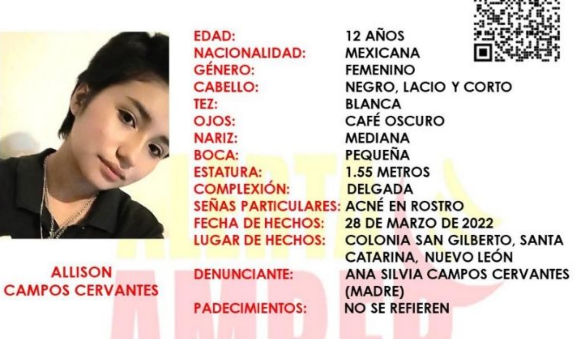 ALERTA AMBER para hallar a Allison Campos en Nuevo León