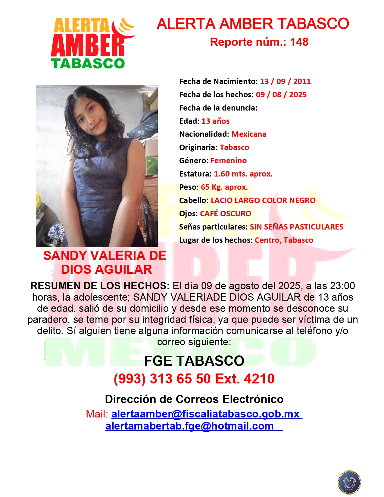 ALERTA AMBER TABASCO: Sandy Valeria de Dios Aguilar desapareció en ...