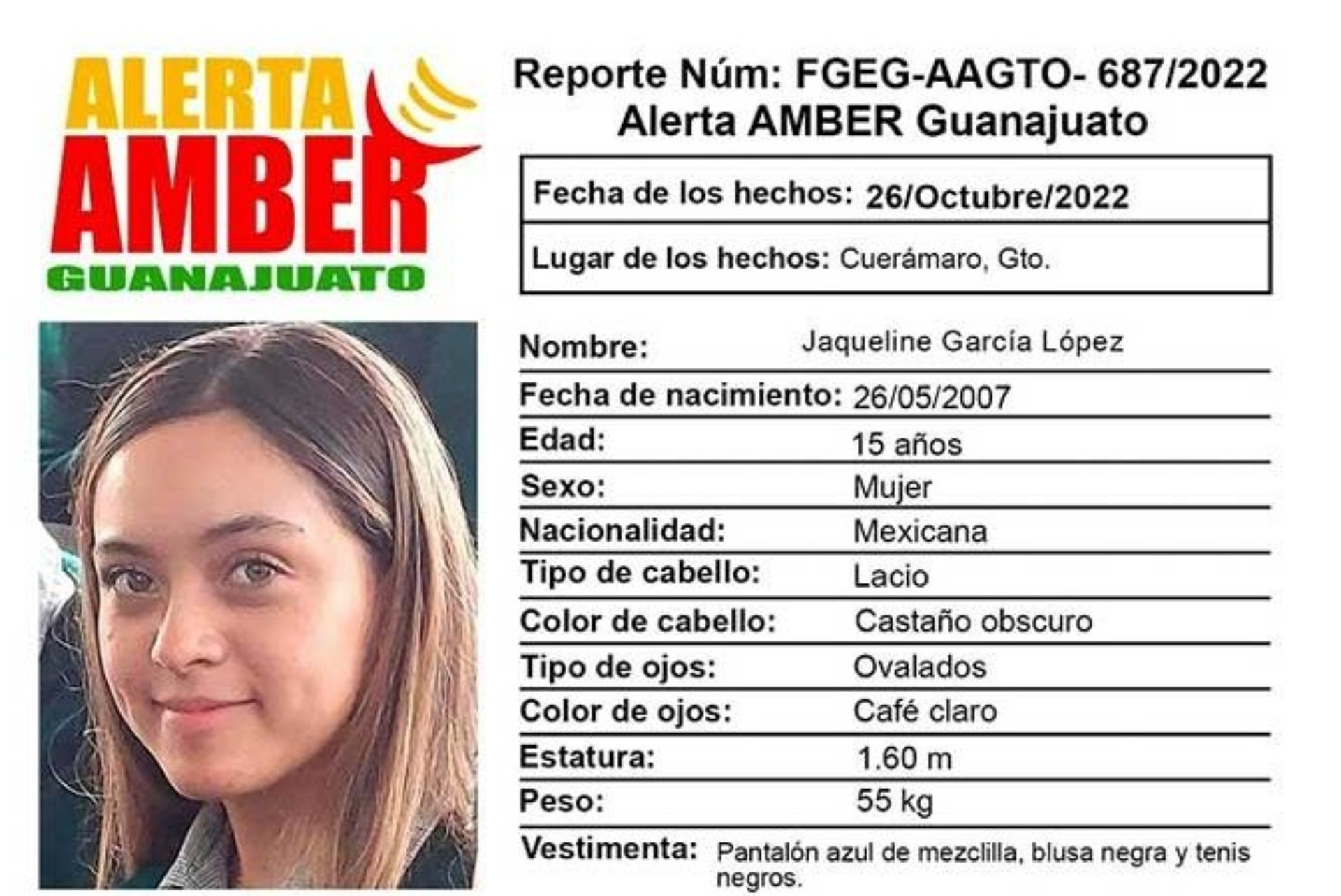 ALERTA AMBER: Buscan a Jaqueline Garcia en Guanajuato