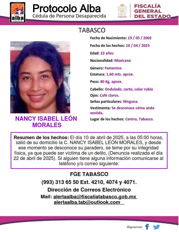 Protocolo Alba Tabasco: Nancy Isabel León Morales desapareció en Centro