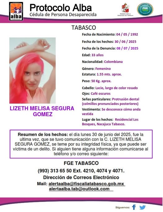 Protocolo Alba Tabasco: Lizeth Melisa está desaparecida en Nacajuca
