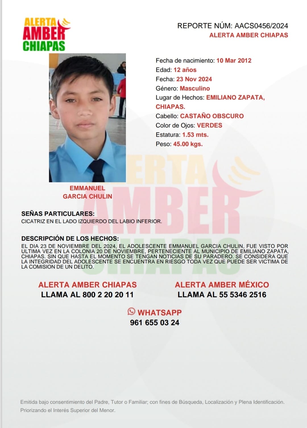 ALERTA AMBER Chiapas: Emmanuel García tiene 12 años y fue visto por ...