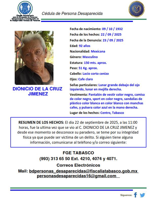 Abuelito de 92 años desapareció en Centro, Tabasco; ¿dónde está ...