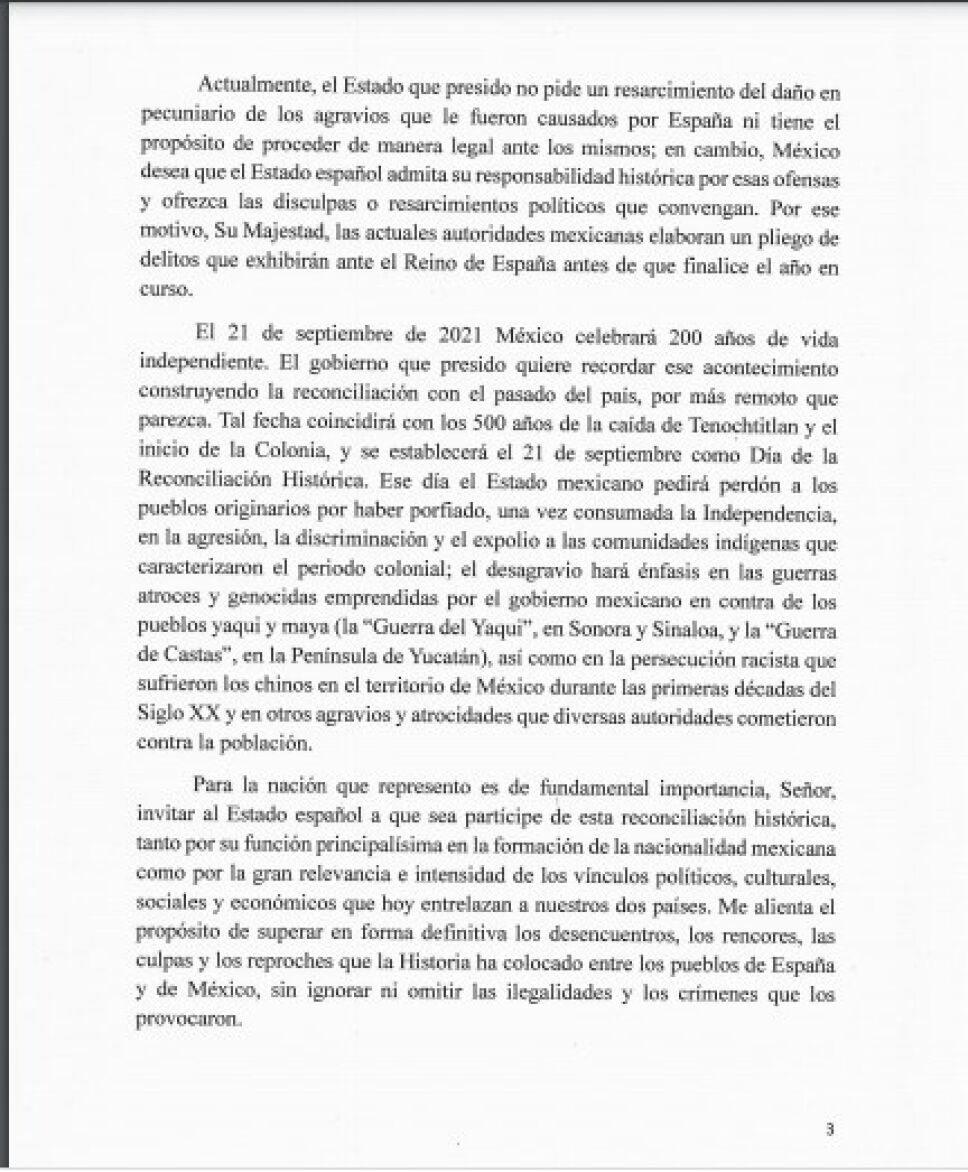 Esta es la carta que López Obrador envió al rey de España
