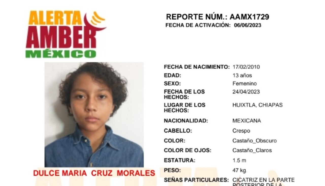 ALERTA AMBER para hallar a Dulce María Cruz en Chiapas