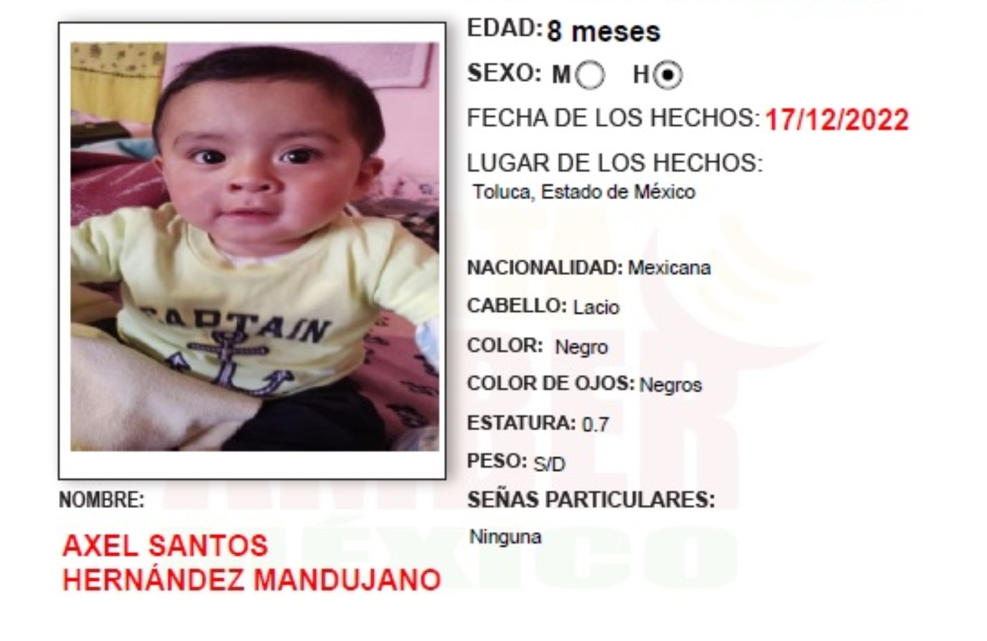 ALERTA AMBER para encontrar a Axel Hernández en Edomex