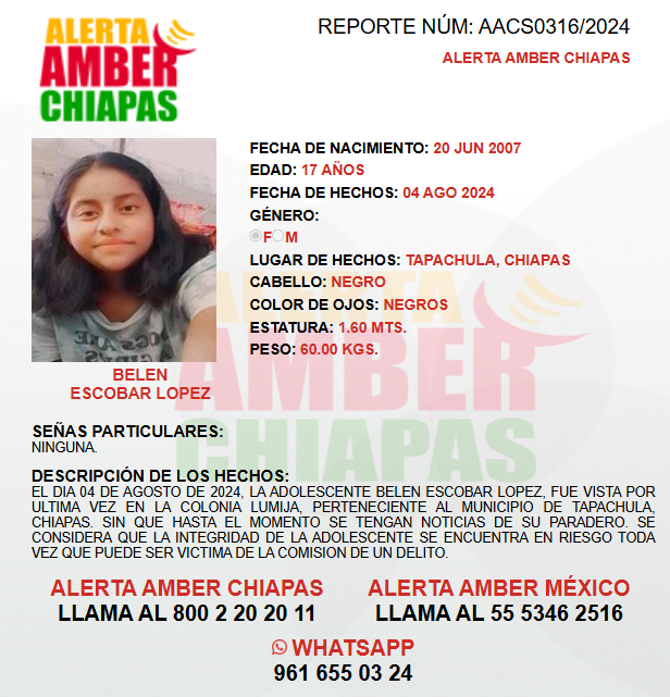 ALERTA AMBER CHIAPAS: Belén Escobar López desapareció en Tapachula