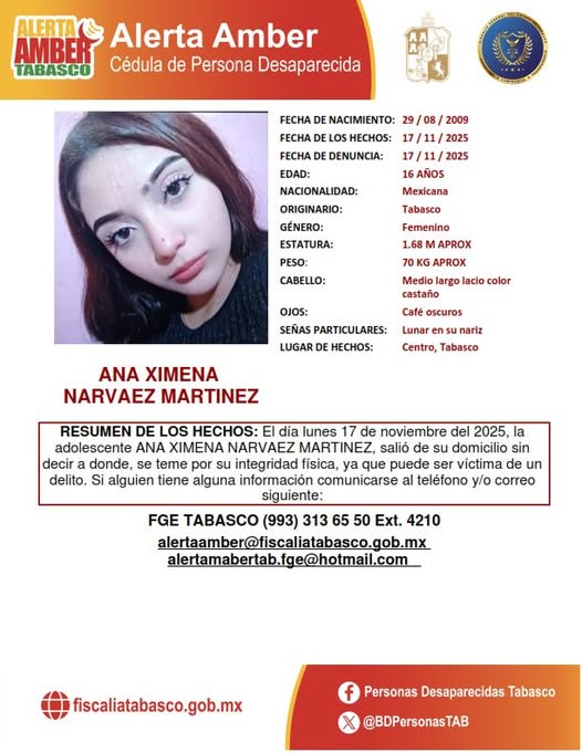 Alerta Amber Tabasco: Ana Ximena tiene 16 años y desapareció en Centro