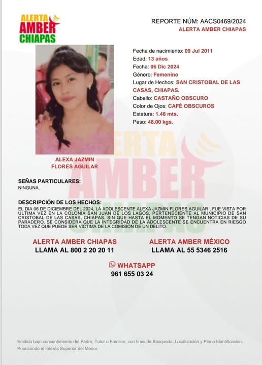 ALERTA AMBER Chiapas: Alexa Flores tiene 13 años y fue vista por última ...