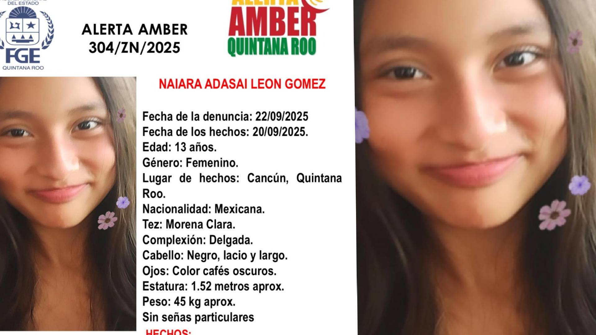 ¿La has visto? Desaparece Naira Adasai León Gómez, adolescente de 13 años en Cancún