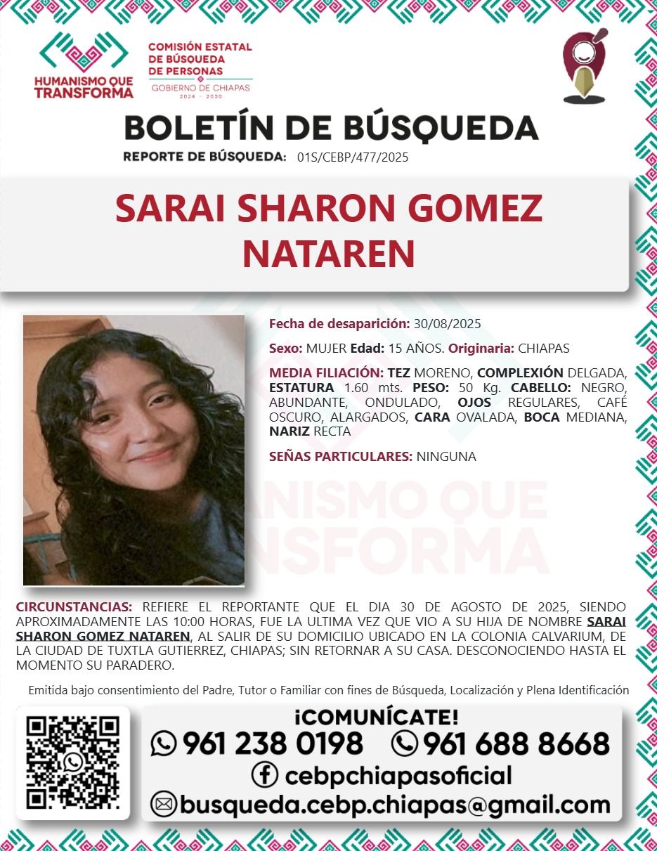 Sarahí Sharon Gómez Nataren desapareció en Tuxtla Gutiérrez