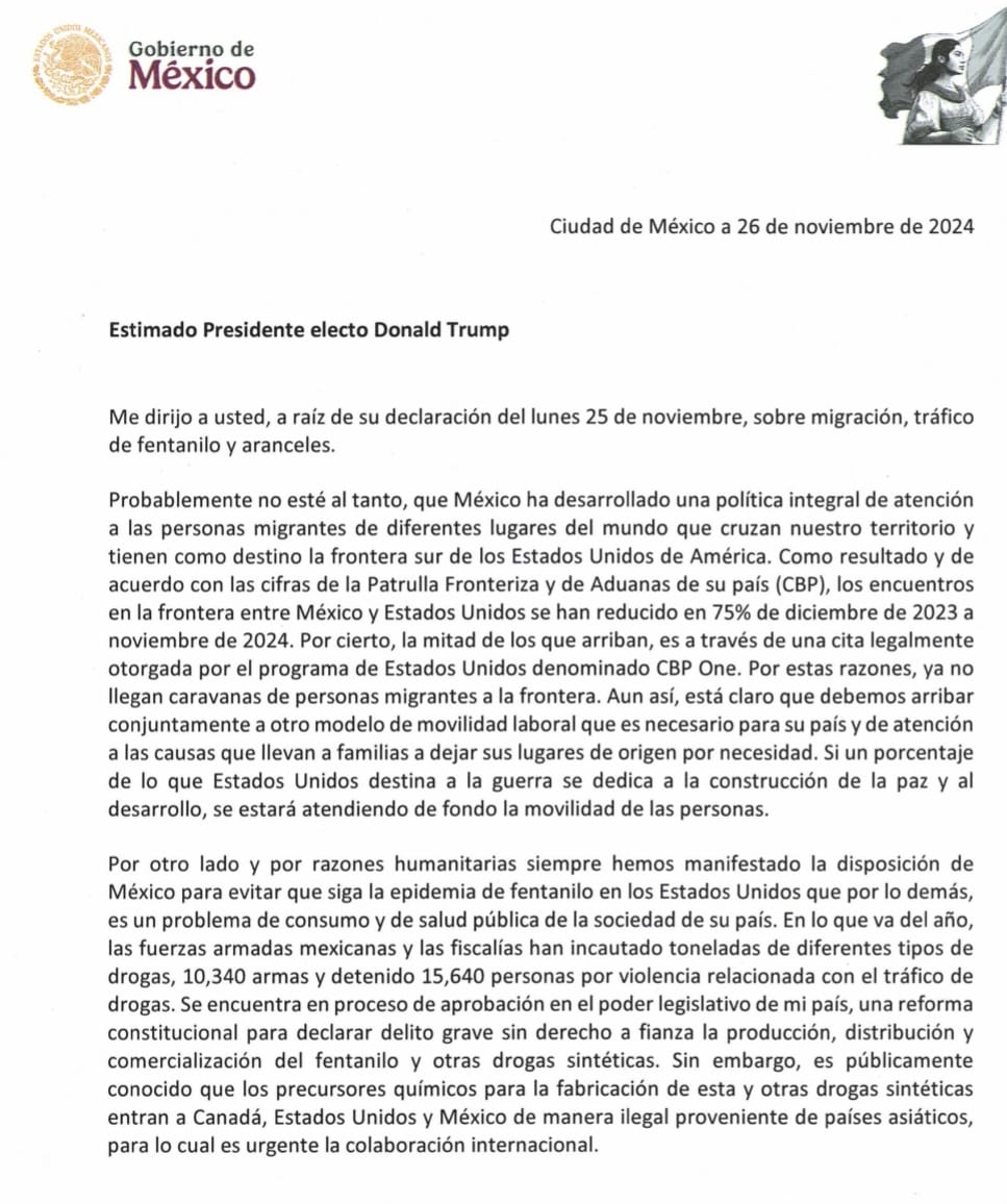 Sheinbaum envía carta a Donald Trump