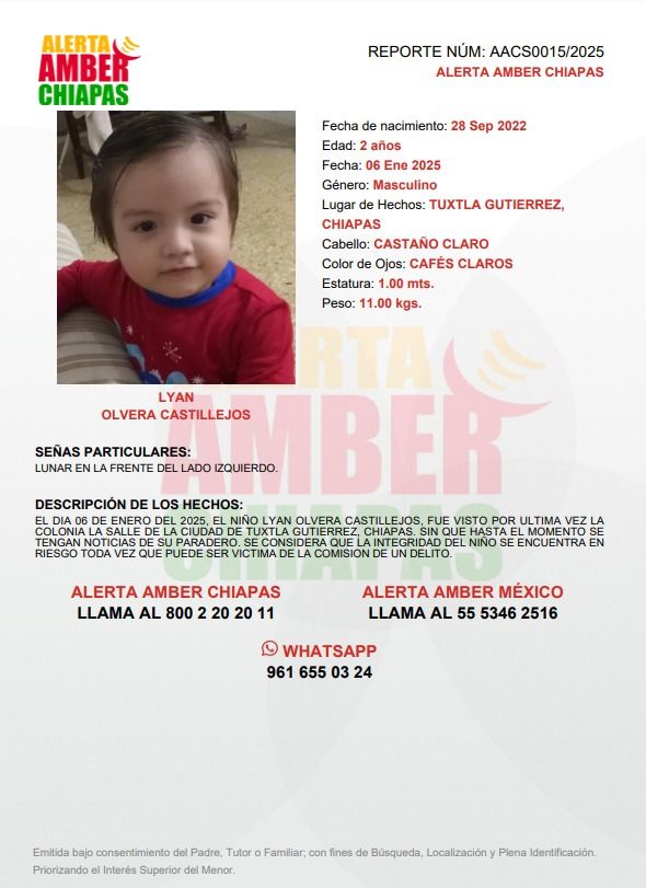 ALERTA AMBER Chiapas: Lyan Olvera tiene 2 años y fue visto por última vez en Tuxtla Gutiérrez