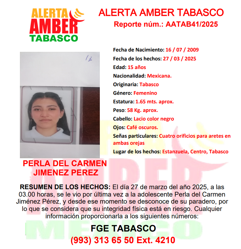 Alerta Amber Tabasco: Perla del Carmen Jiménez Pérez desapareció en Centro