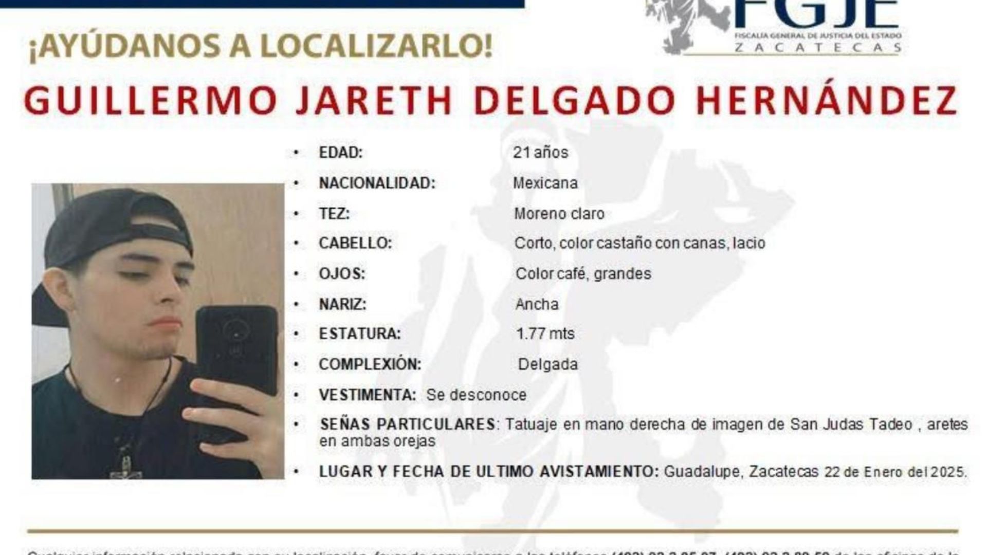 Boletín de búsqueda Zacatecas: Desaparece Guillermo Jareth Delgado Hernández de 21 años de edad ...