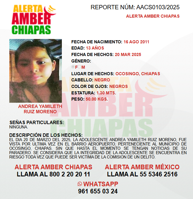 ALERTA AMBER CHIAPAS: Andrea Yamileth Ruiz Moreno desapareció en Ocosingo