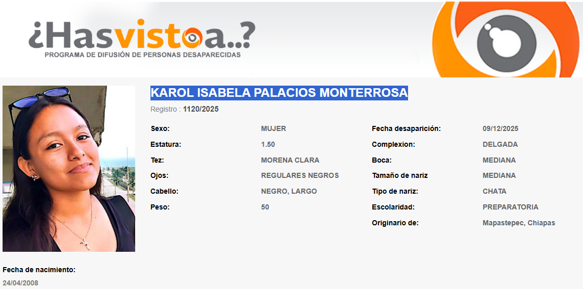 ALERTA AMBER CHIAPAS: Karol Isabela Palacios Monterrosa desapareció en ...