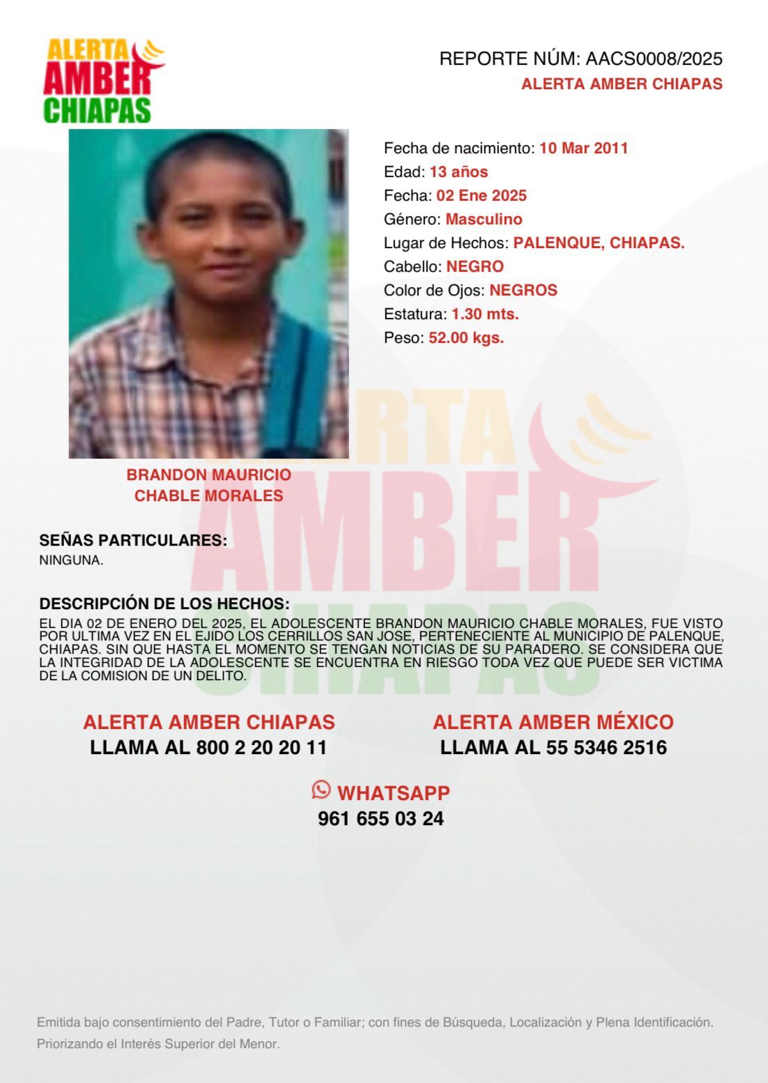 ALERTA AMBER CHIAPAS 2025: Brandon Mauricio fue visto por última vez en ...