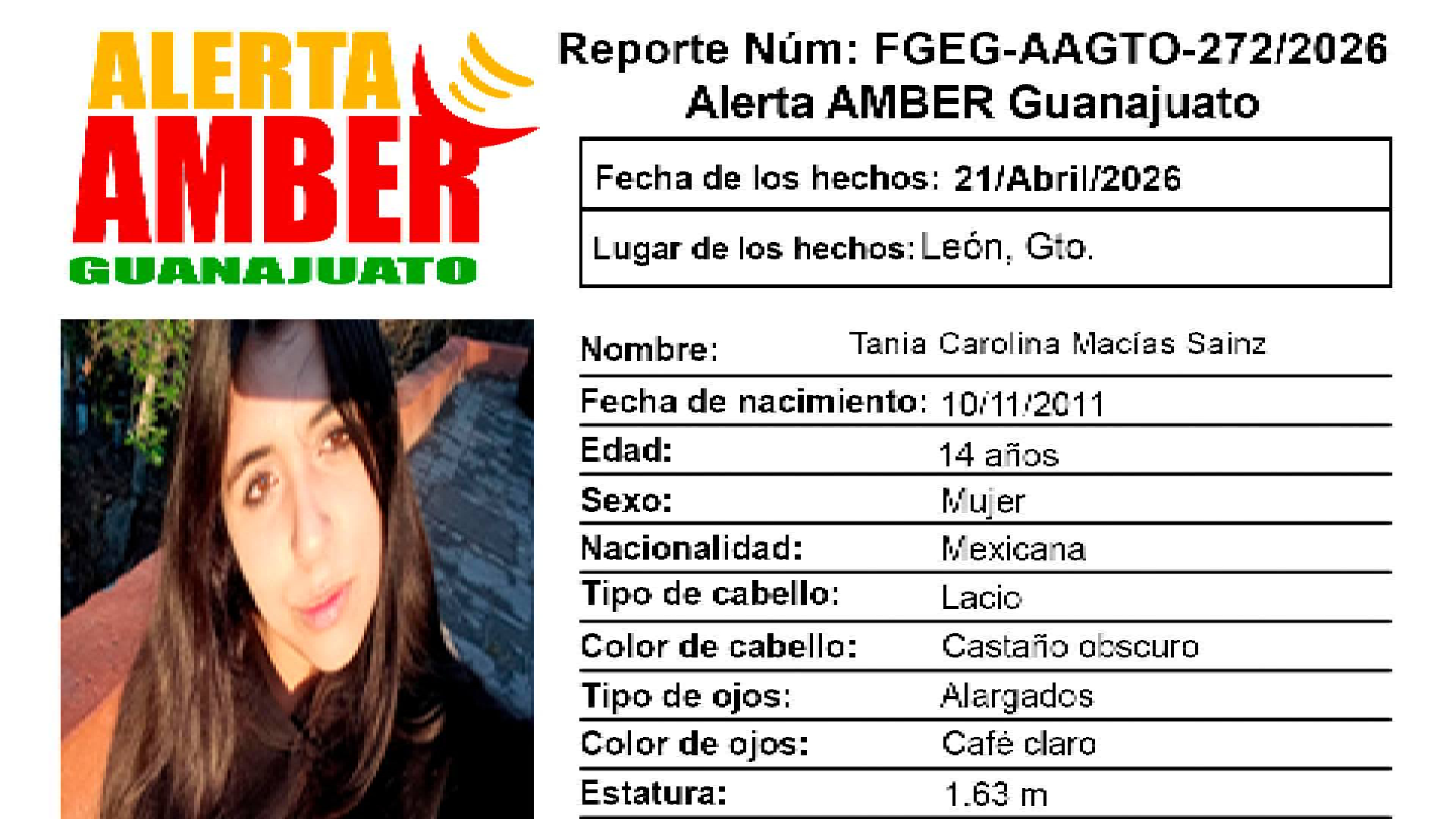 Alerta Amber Guanajuato: Desaparece Tania Carolina Macías Sainz en León